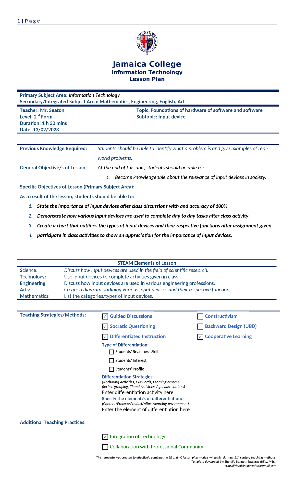 Grade 8 IT Lesson Plan: Foundations of Hardware & Software - Input ...