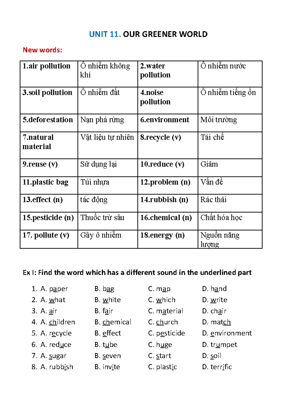 THCS LQD (12) - UNIT 11: OUR GREENER WORLD Vocabulary & Exercises - Studocu