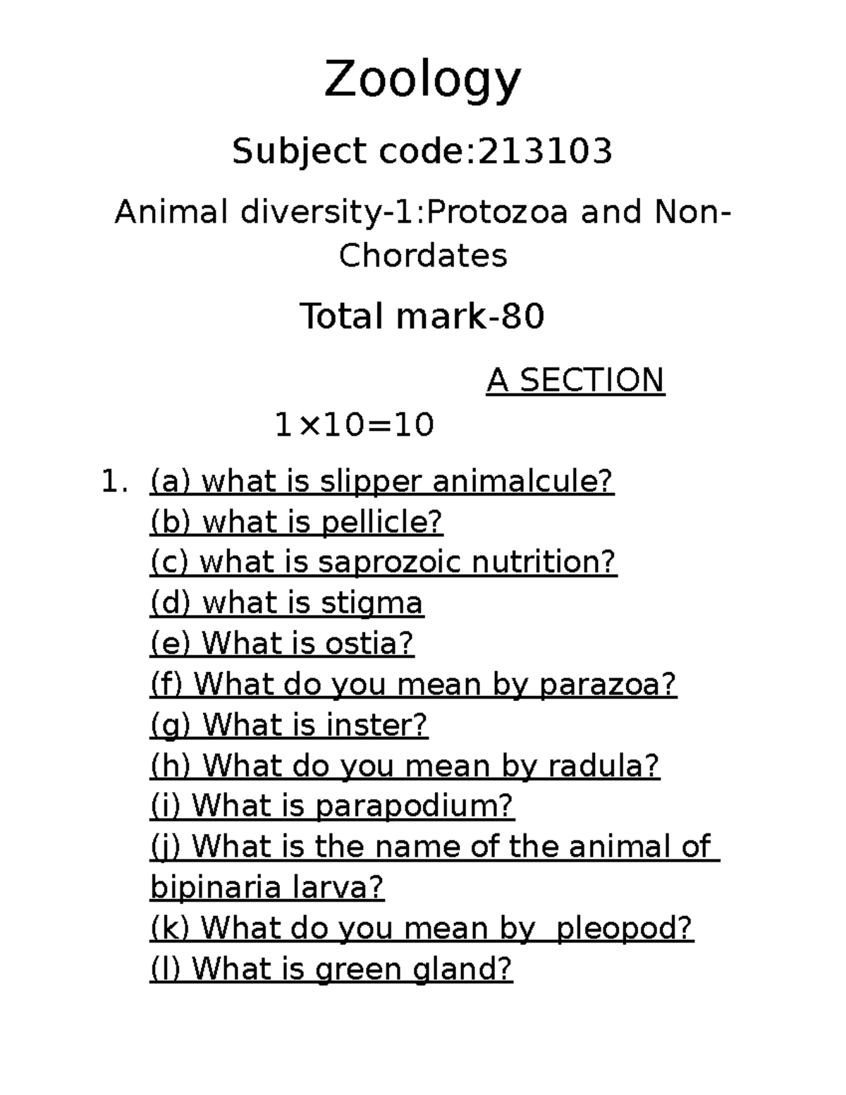 FINAL EXAM Zoology: Animal Diversity - Protozoa & Non-Chordates ...