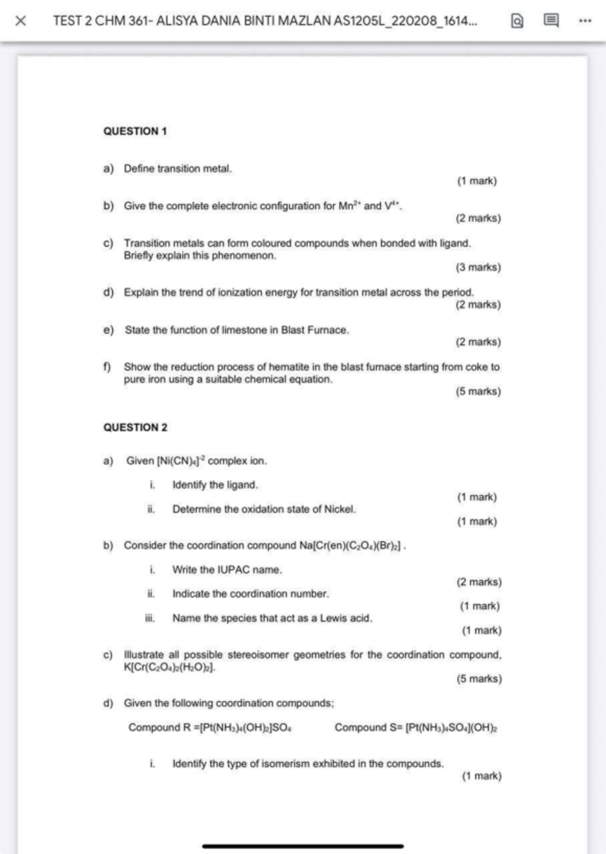 Final Exam Test AS1205L: Transition Metals & Coordination Compounds ...