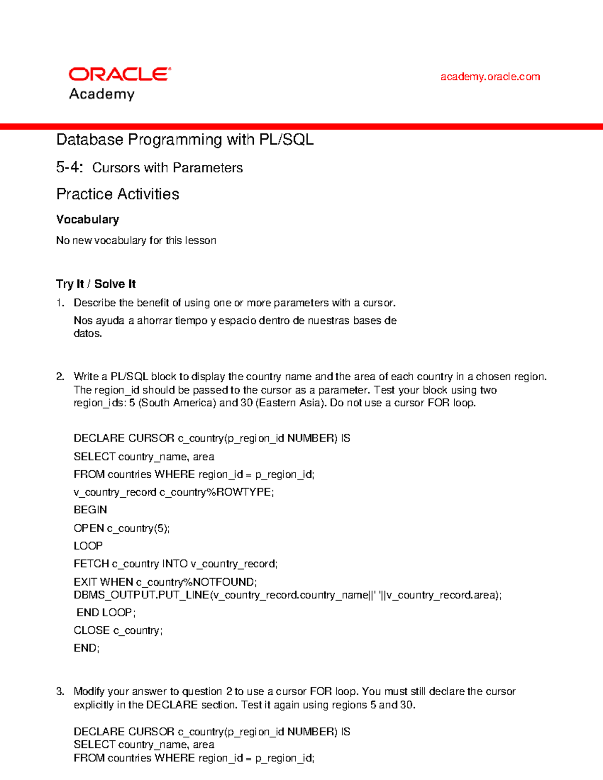 PLSQL 5-4: Cursors with Parameters Practice Activities - Studocu