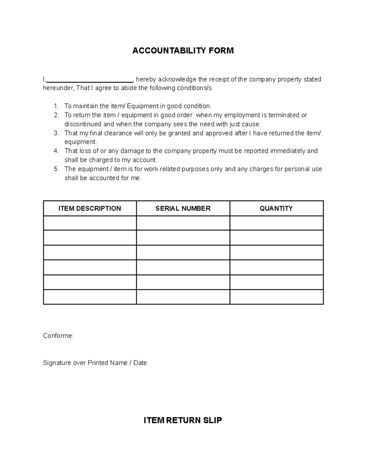 Accountability Form for Company Property Acknowledgment - Studocu
