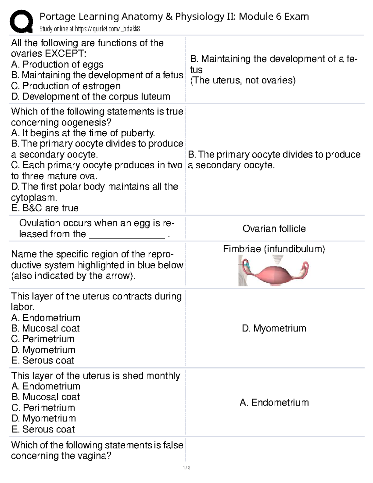 Portage Learning Anatomy Physiology II: Module 6 Exam Study Guide - Studocu