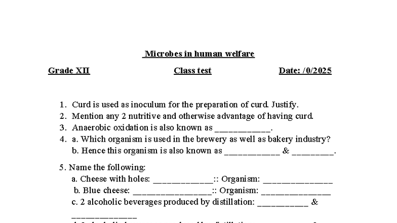 Microbes in Human Welfare - Grade XII Class Test Notes - Studocu