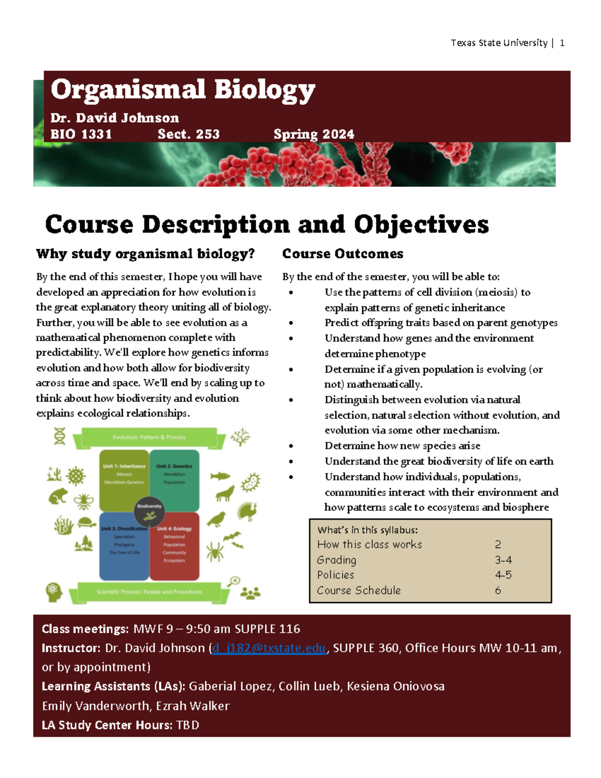BIO 1331.253 Spring 2024 Organismal Biology Course Syllabus - Studocu