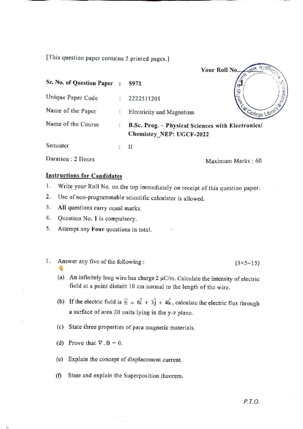 B.Sc. Prog. Physical Sciences (NEP) Sem II Exam Paper: Electricity ...