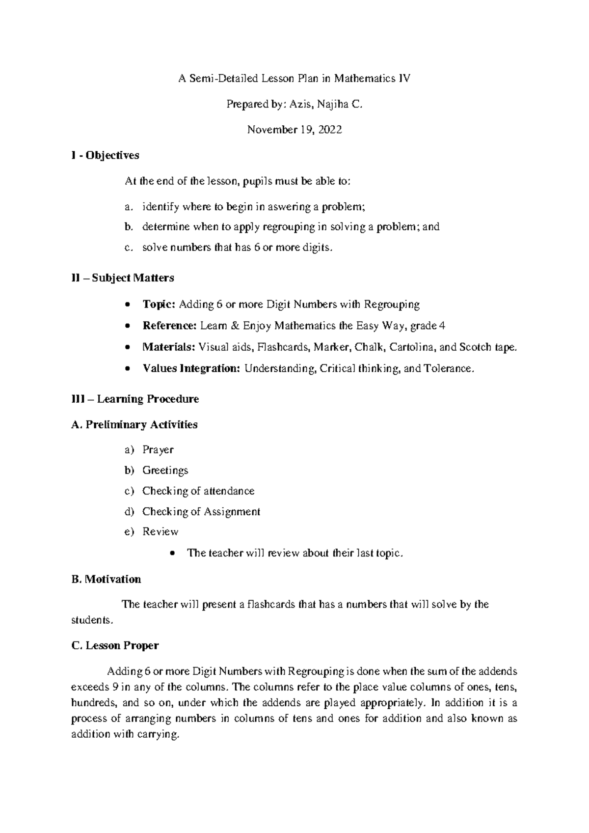 Semi-Detailed Lesson Plan for Math IV: Adding 6+ Digit Numbers - Studocu