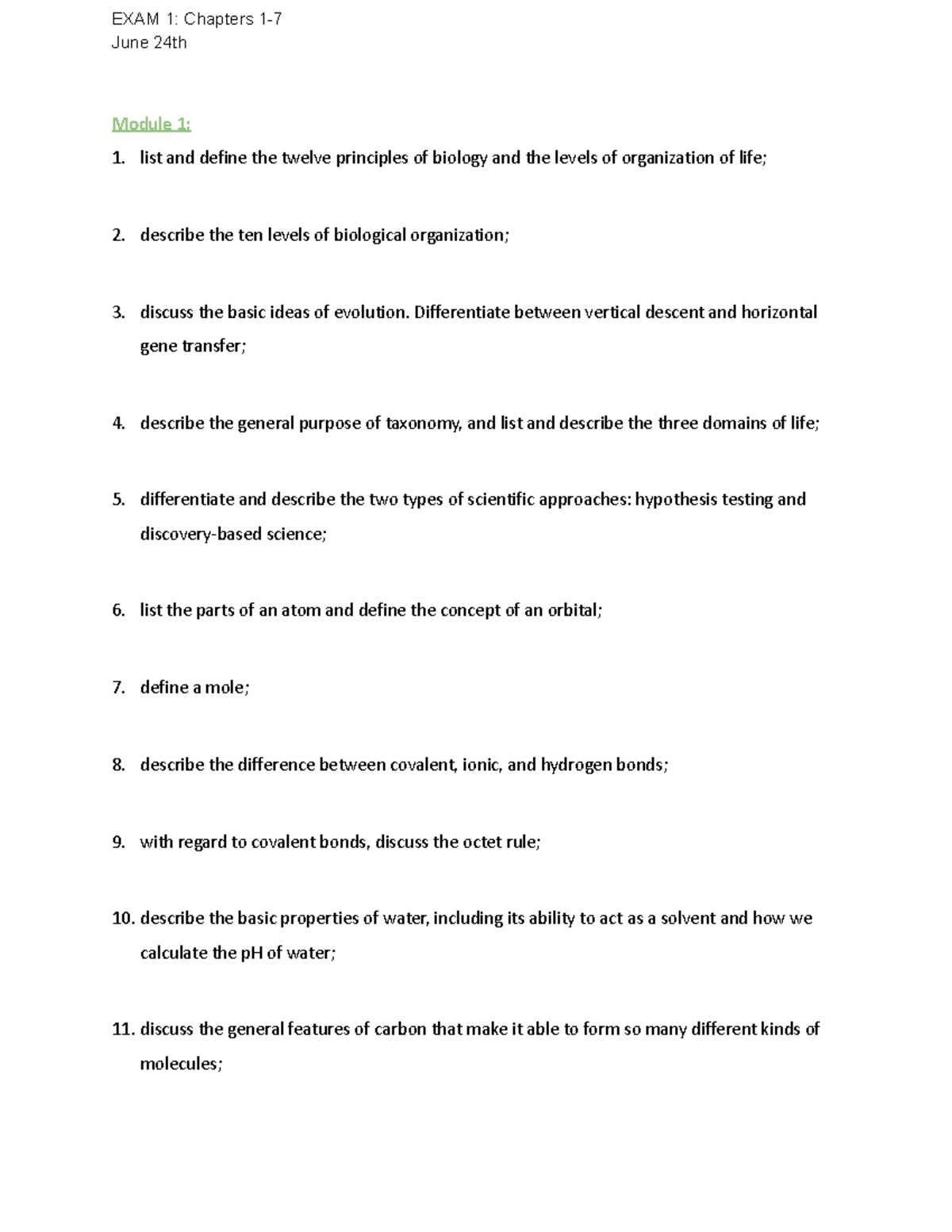 Bio1009 Exam 1 Study Guide - Module 1: 1. list and define the twelve ...
