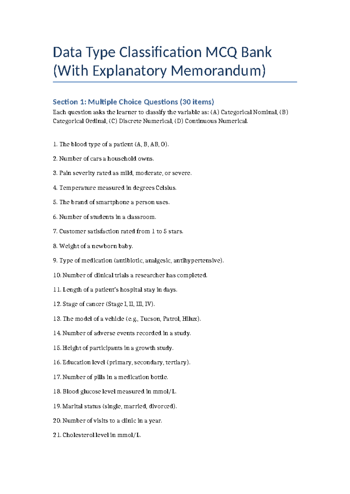 Data Type Classification MCQ Bank (Section 1: Explanatory) - Studocu