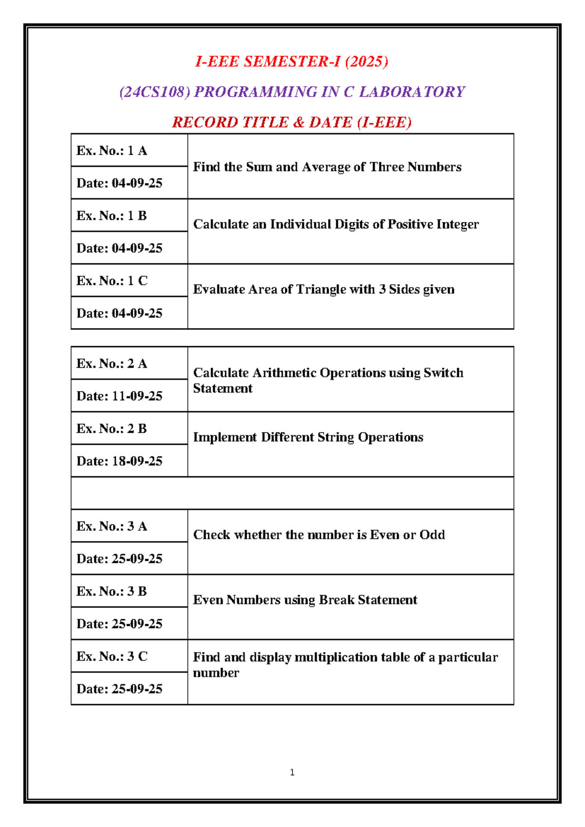 (2025) (24CS108) C Programming Lab Record - Exercises & Dates - Studocu
