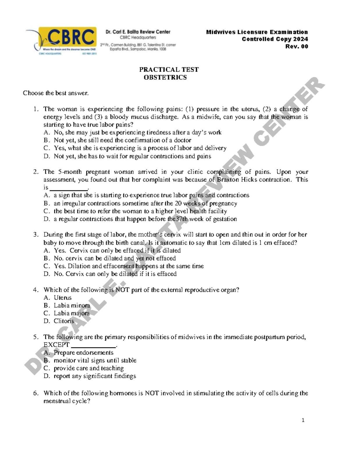 Midwives licensure examination practical test 2024 review questions ...