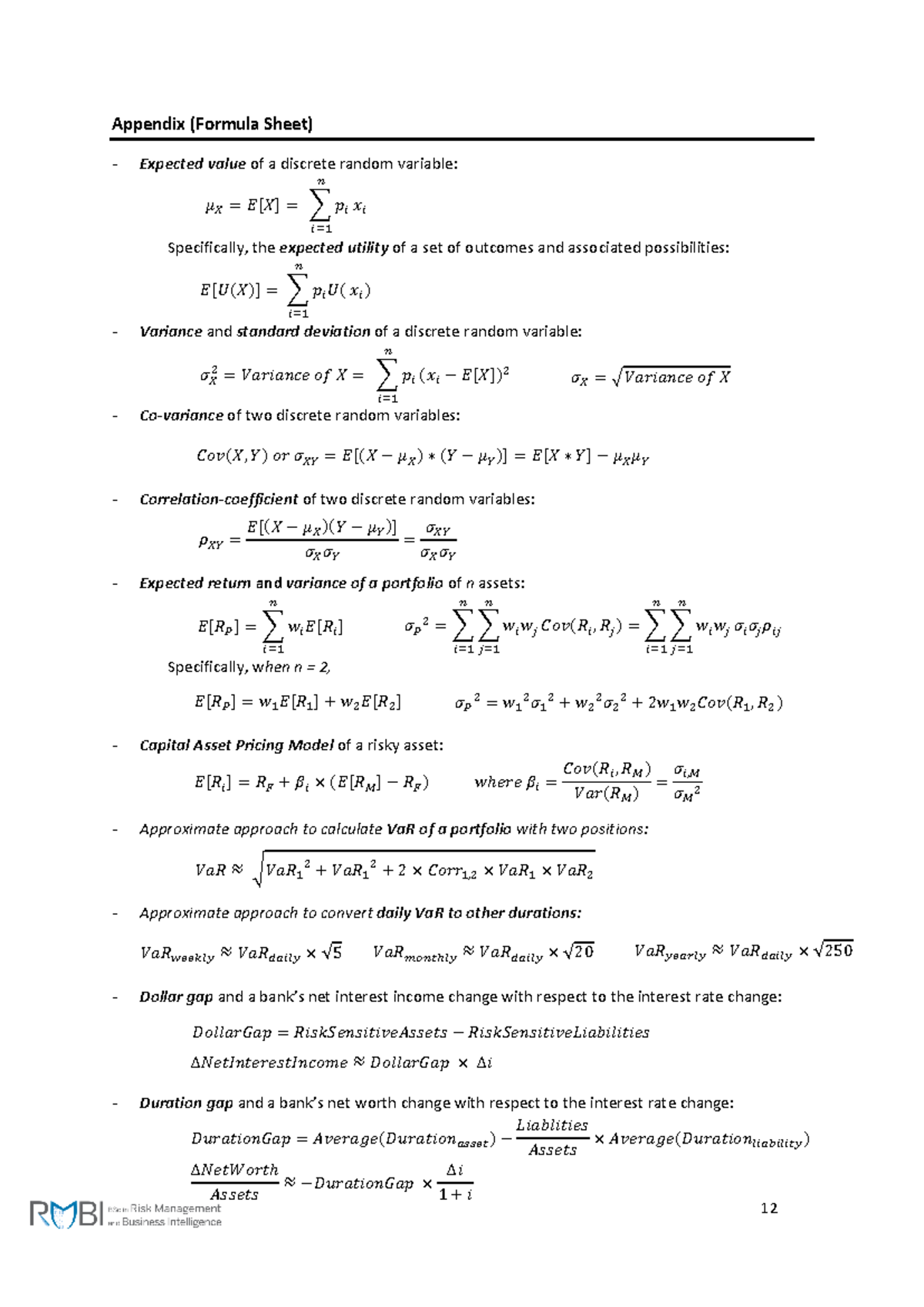 Rmbi1010 2425f formula sheet - 12 Appendix (Formula Sheet) Expected ...