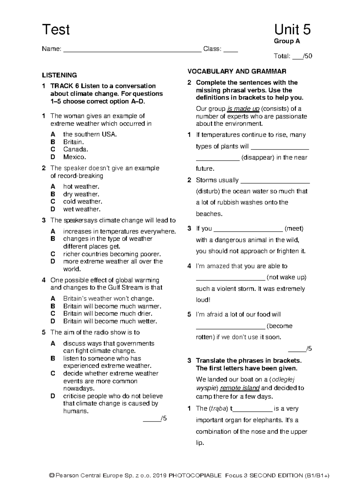 Focus 3 2E Test Unit 5 Group A Listening & Use of English - Studocu