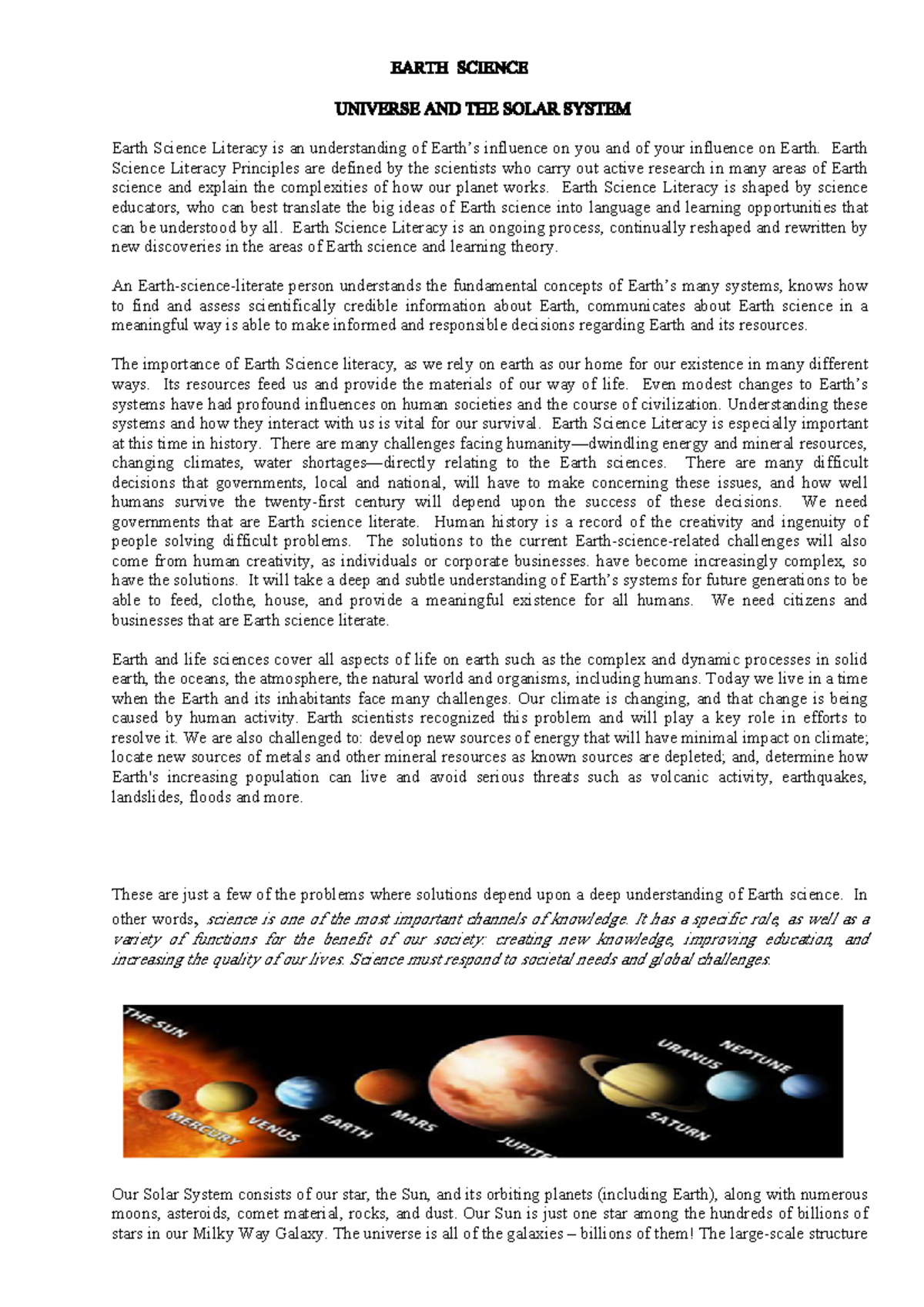 Lesson 1 Earth Science - EARTH SCIENCE UNIVERSE AND THE SOLAR SYSTEM ...