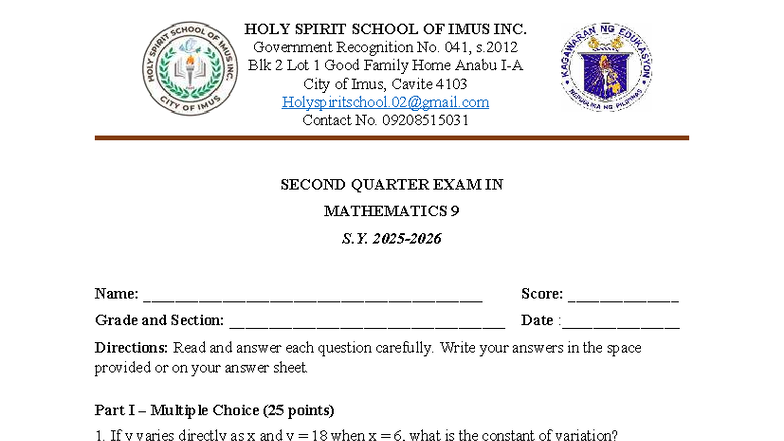 Mathematics 9 Second Quarter Exam Sample Test Questions - Studocu