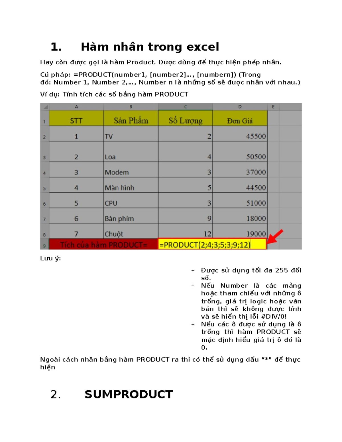 Hàm Excel: Hướng dẫn sử dụng PRODUCT, SUM, SUBTOTAL, SUMPRODUCT, SUMIFS ...