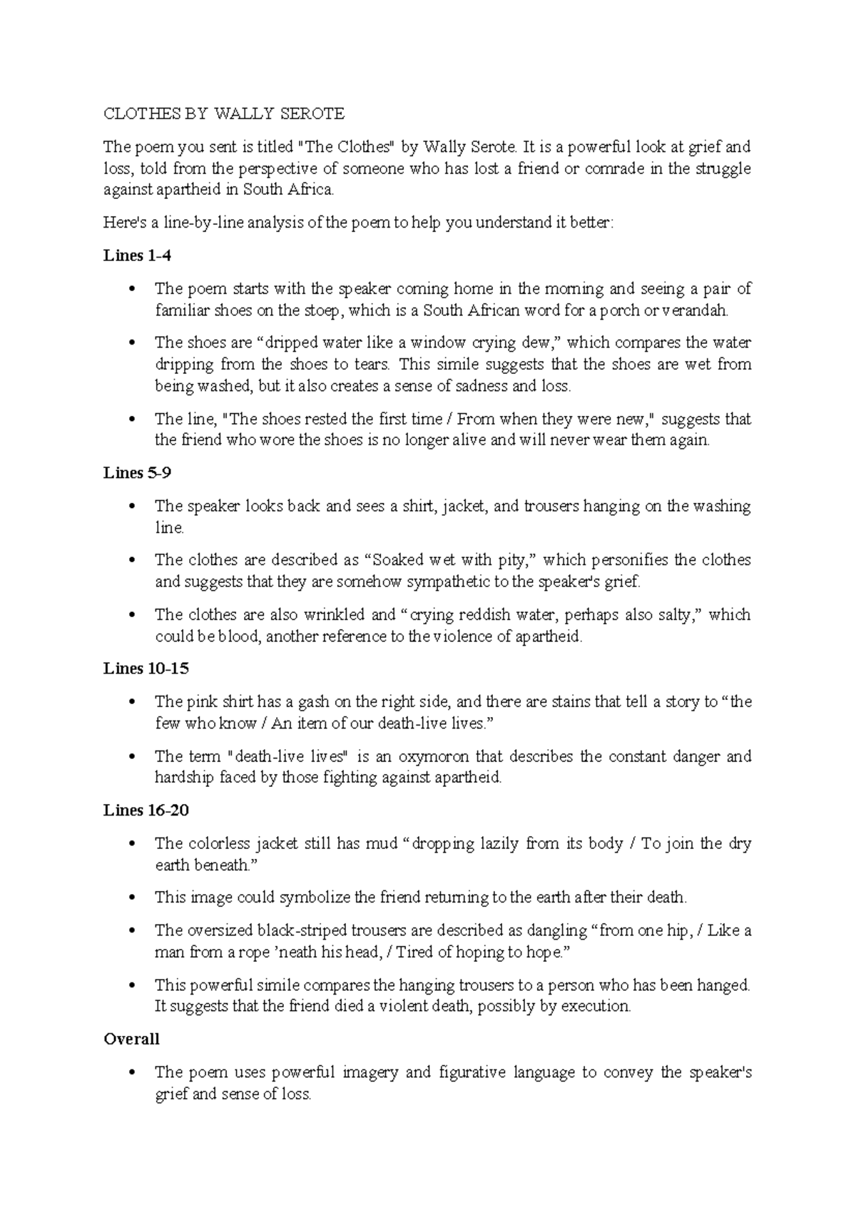 "CLOTHES by Wally Serote: An Analysis of Grief and Loss" - Studocu