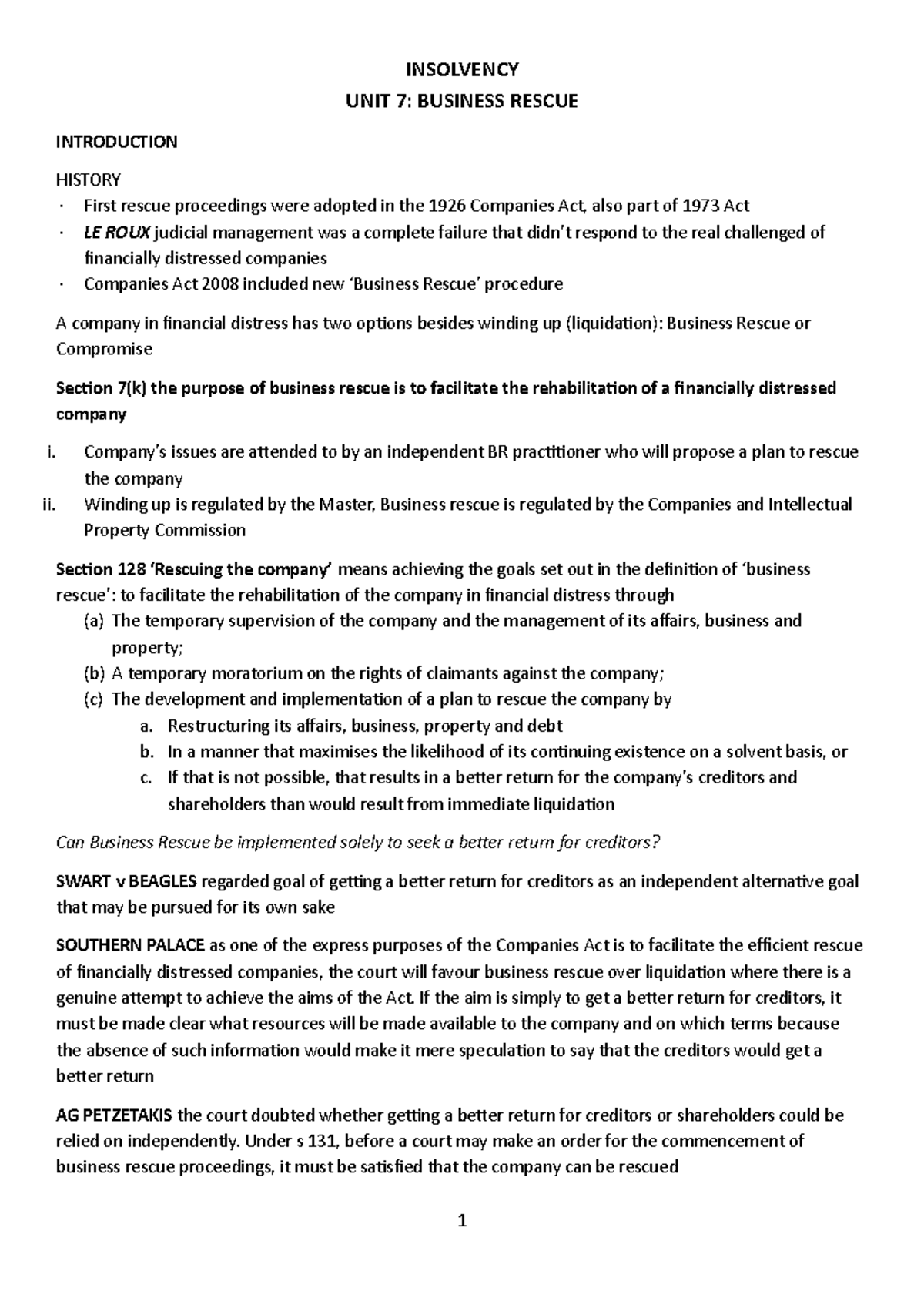 Business Rescue Notes - INSOLVENCY UNIT 7: BUSINESS RESCUE INTRODUCTION ...