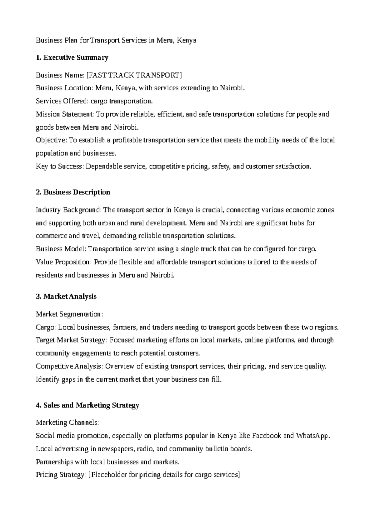 Business Plan - Services Offered: cargo transportation. Mission ...