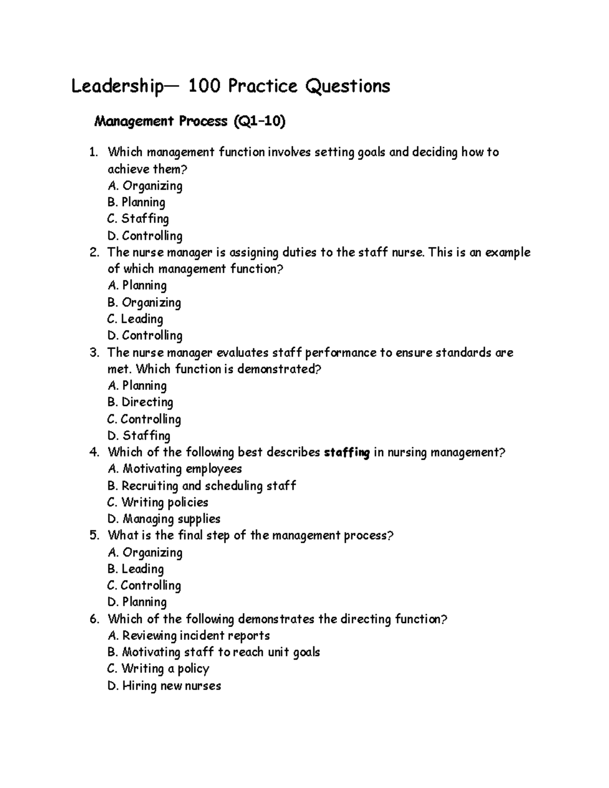 Leadership Practice Questions for Management Process (Course Code: NURS ...