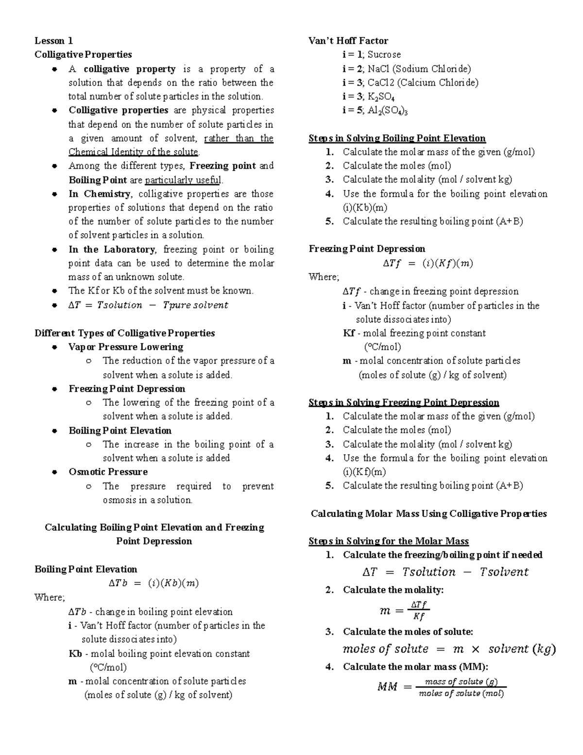 Gen Chem - Lesson 1: Colligative Properties Overview - Studocu