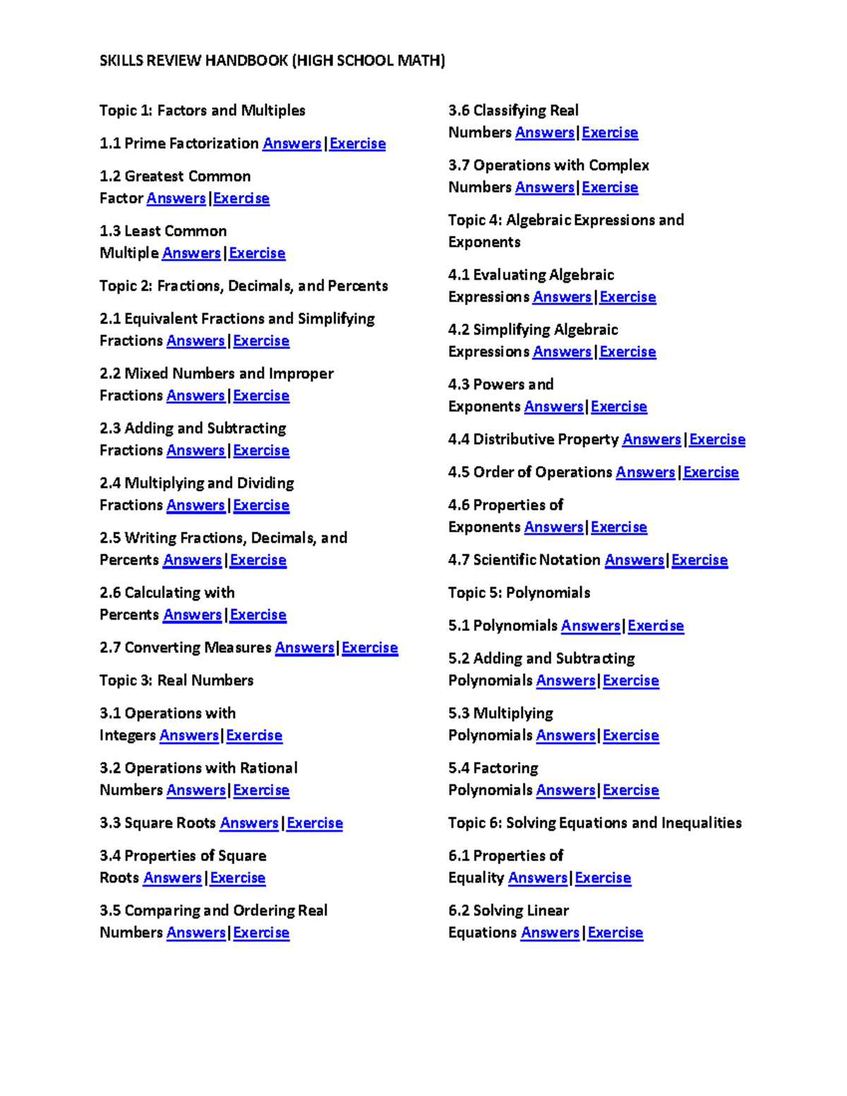High School Math Skills Review Handbook (Z) - Studocu