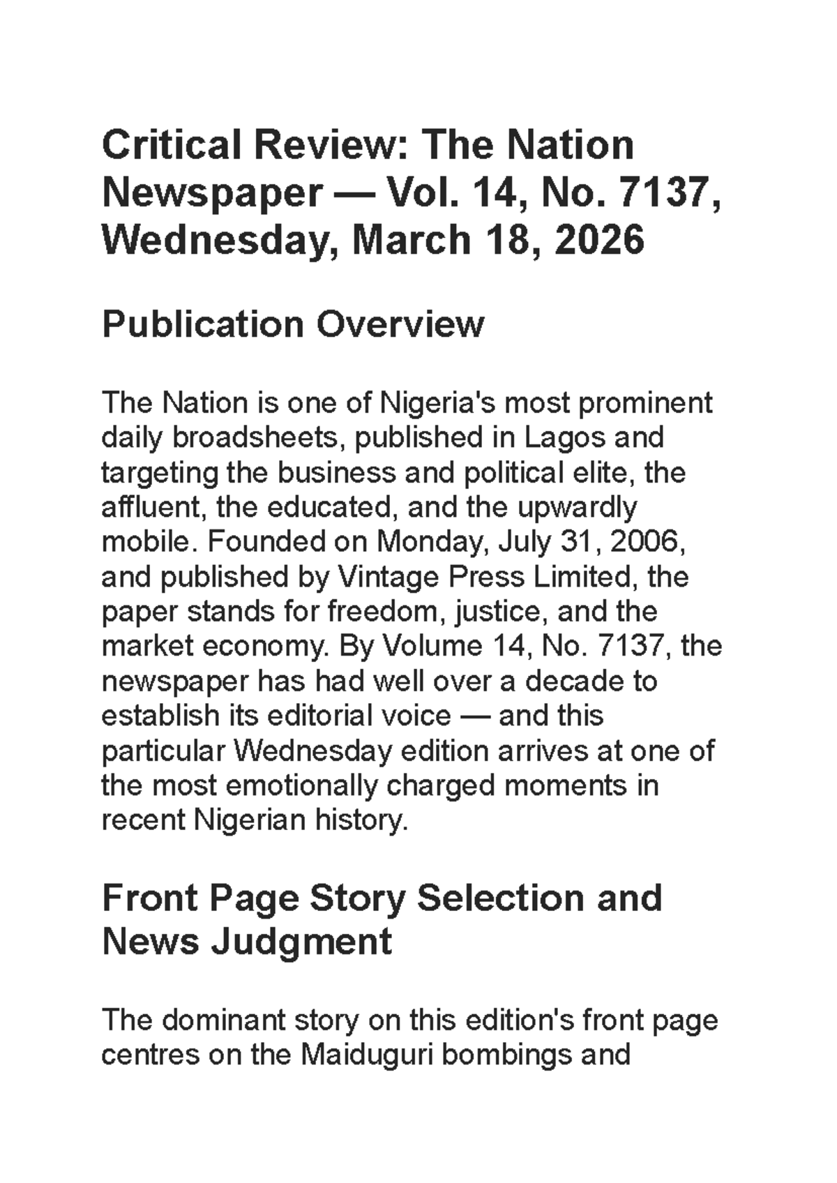 Critical Review of The Nation Newspaper Vol. 14, No. 7137 - March 18 ...
