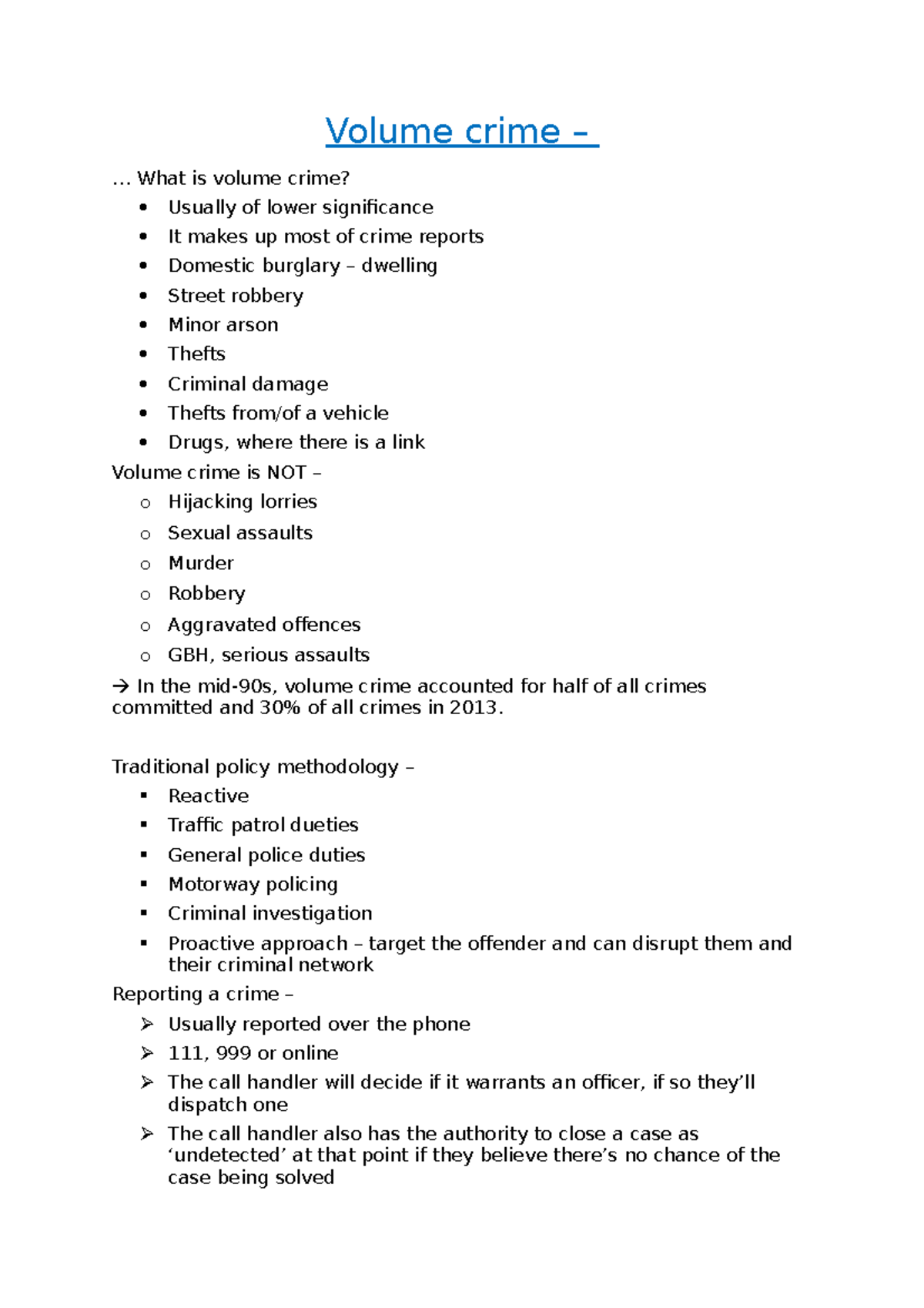 Volume crime - Lecture notes - Volume crime – ... What is volume crime ...