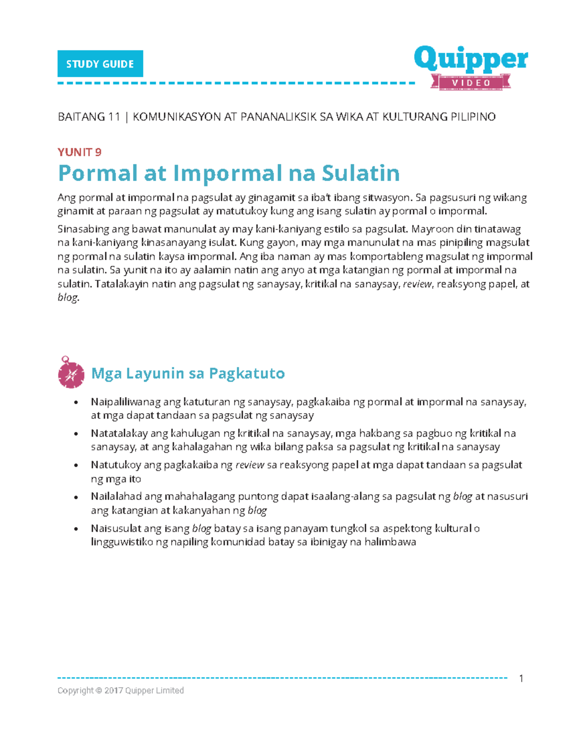 Yunit 09: Pagsusuri ng Pormal at Impormal na Sulatin sa Komunikasyon ...