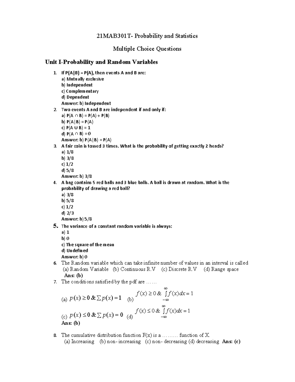 Probability and Statistics MCQ Review - Unit on Random Variables - Studocu
