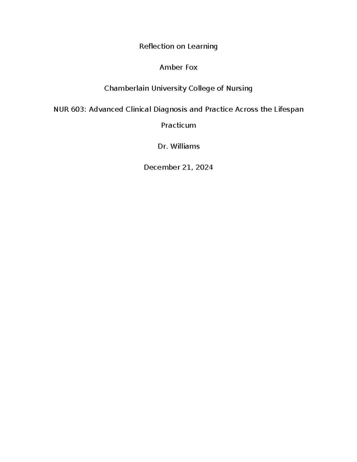 NR 603 Reflection on Learning: Insights from Practicum Experience - Studocu