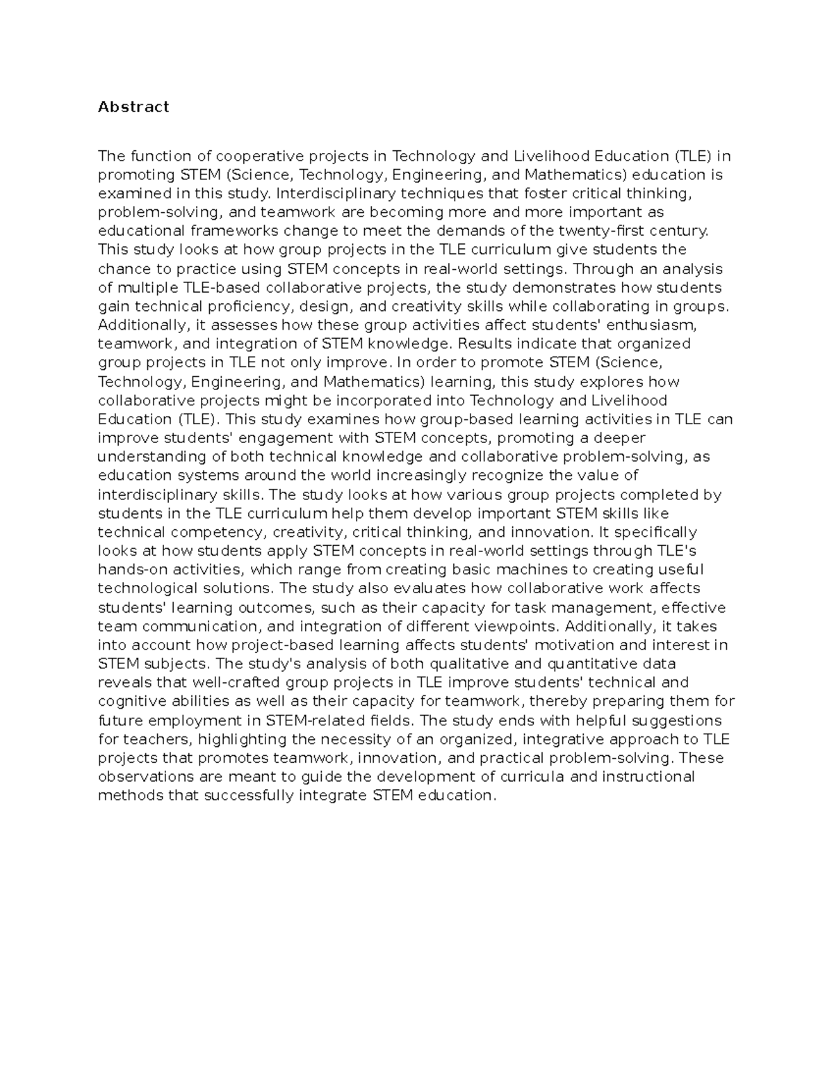 TLE 101: Enhancing STEM Education through Collaborative Projects - Studocu