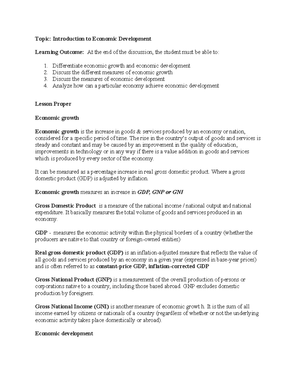 Introduction to Economic Development - Topic: Introduction to Economic ...