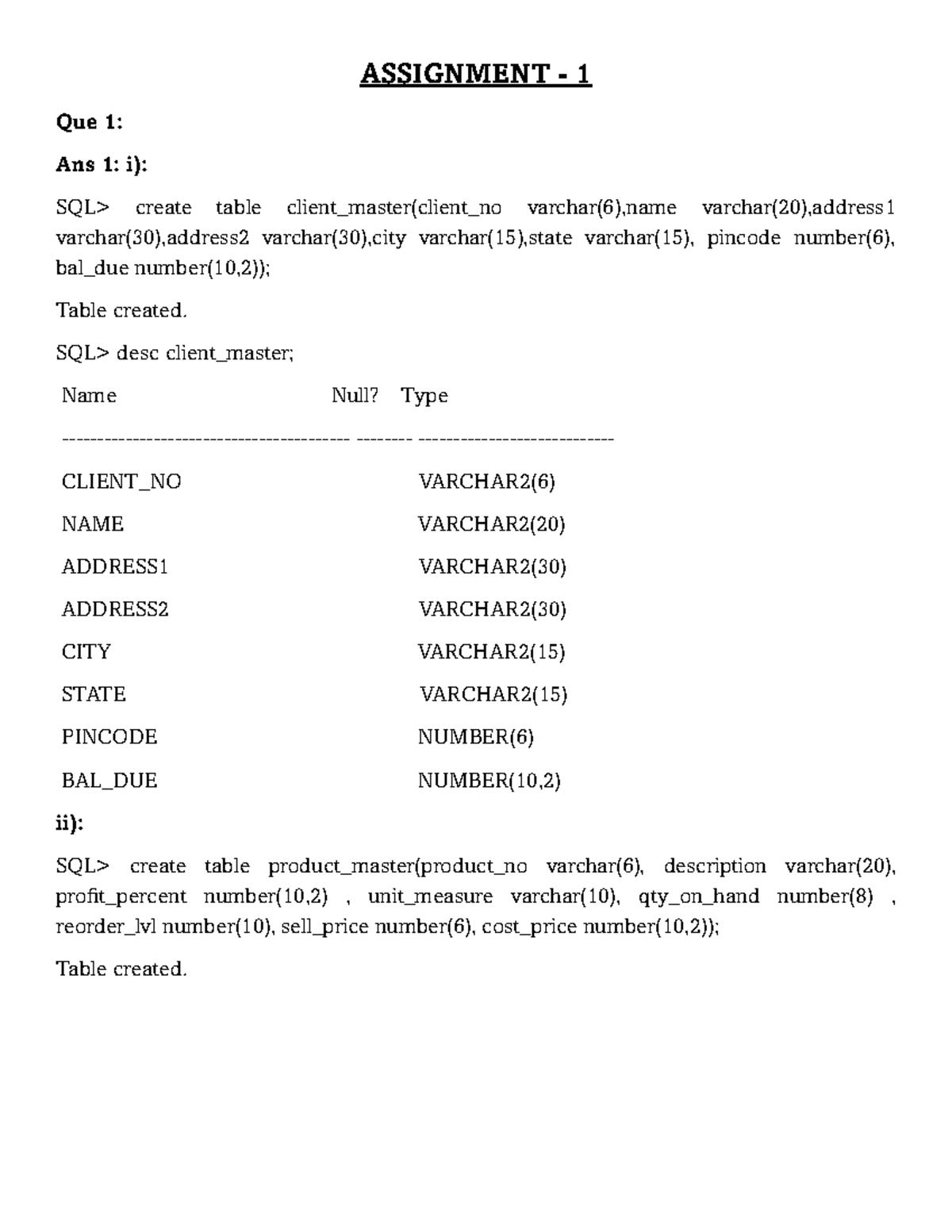 DBMS 101: Assignment 1 - Client & Product Table Creation - Studocu