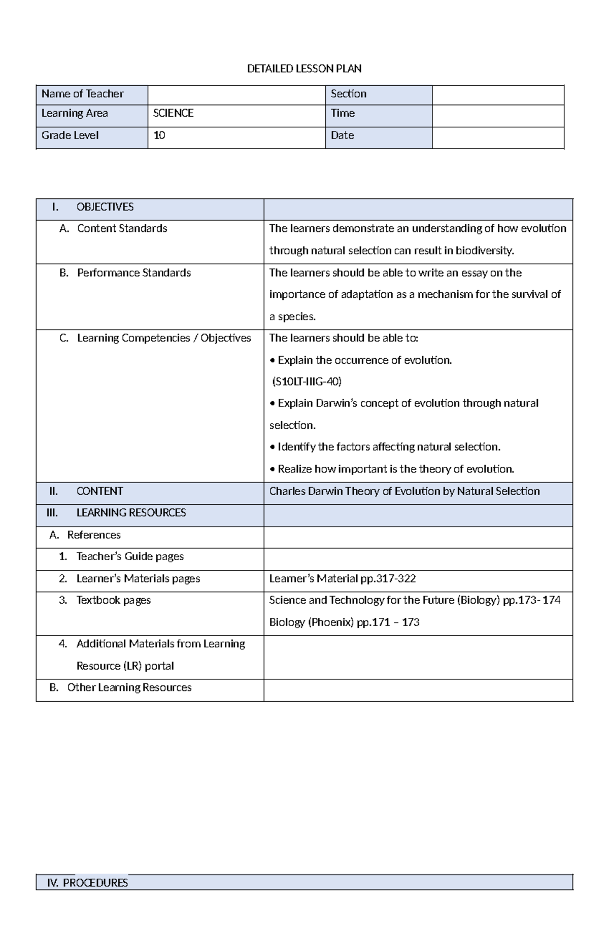G10 SCI Lesson Plan: Evolution & Natural Selection Activities - Studocu