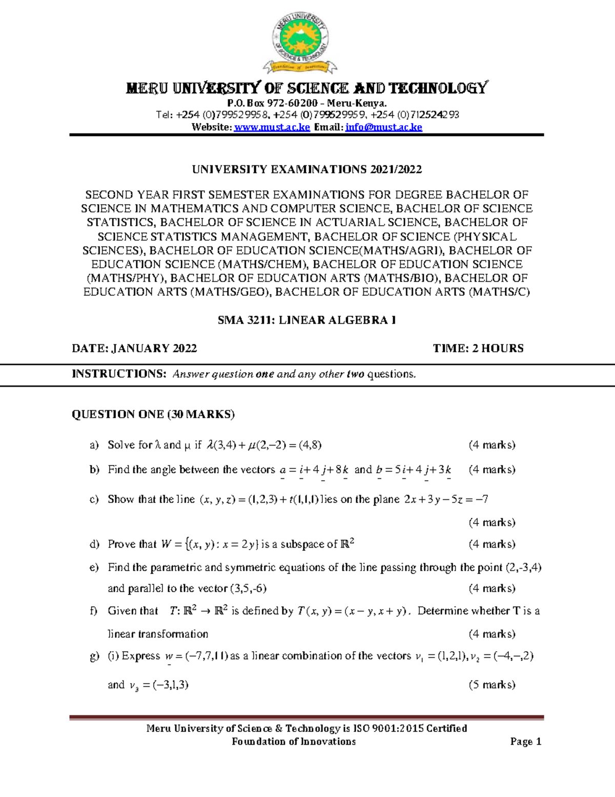 SMA 3211: Linear Algebra I - January 2022 Exam Questions - Studocu