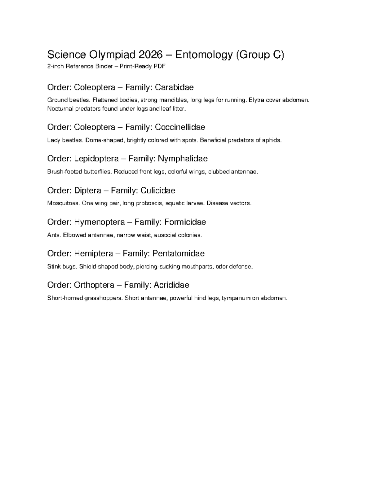 Science Olympiad 2026: Entomology Reference for Group C - Studocu