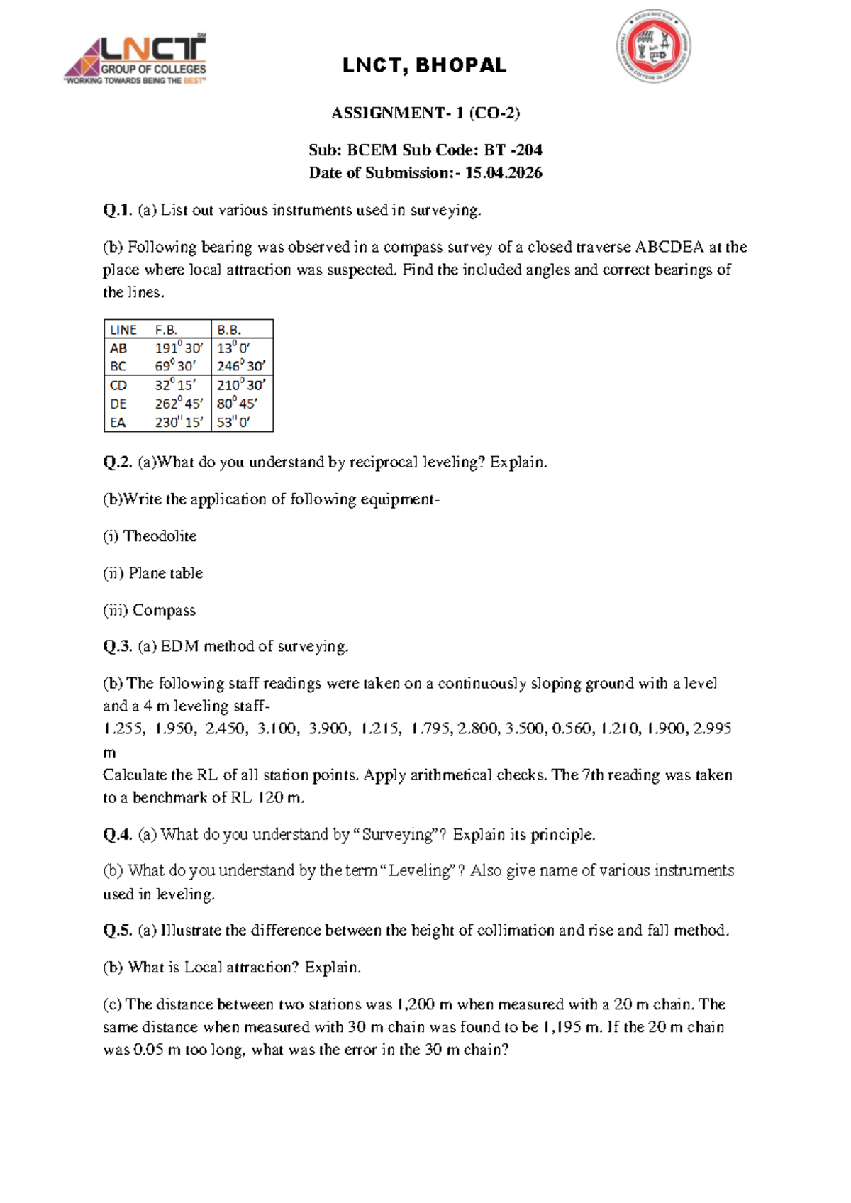 LNCT Bhopal BT - Assignment 01: Surveying Instruments & Methods - Studocu