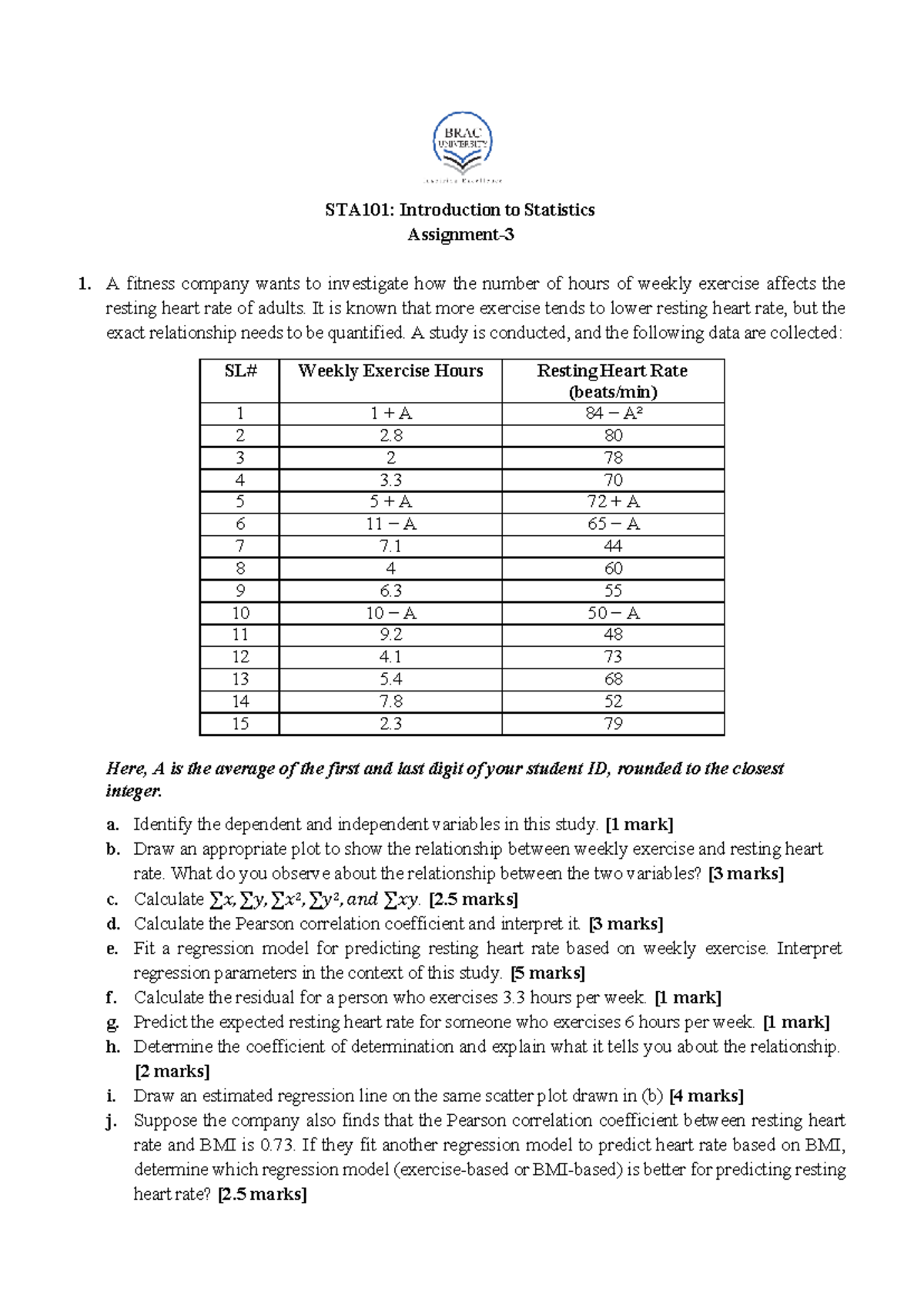 STA101: Statistics Assignment 3 - Exercise & Heart Rate Analysis - Studocu