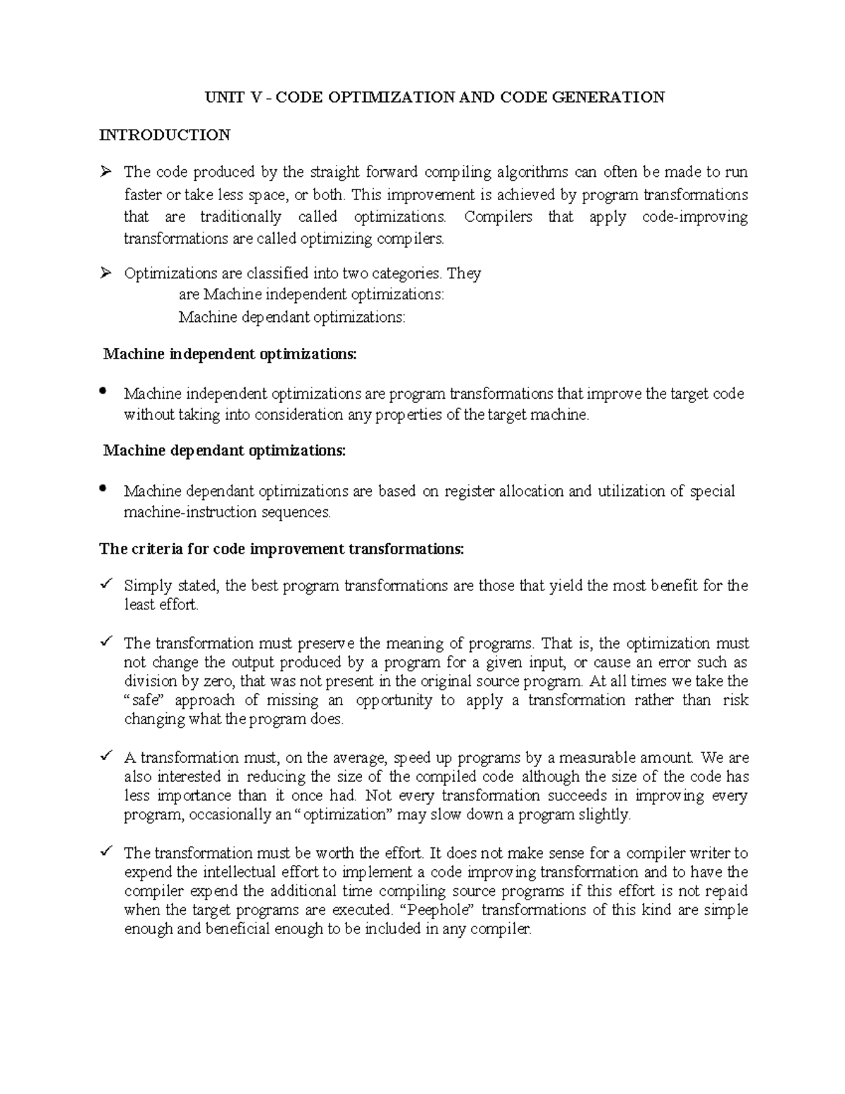 Unit V: Code Optimization & Generation Techniques - Studocu