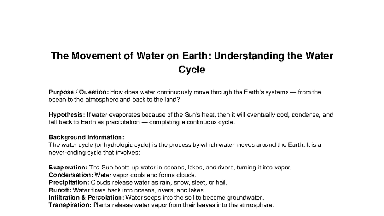 Water Cycle Science Project (4th Grade): Exploring Earth's Hydrologic ...