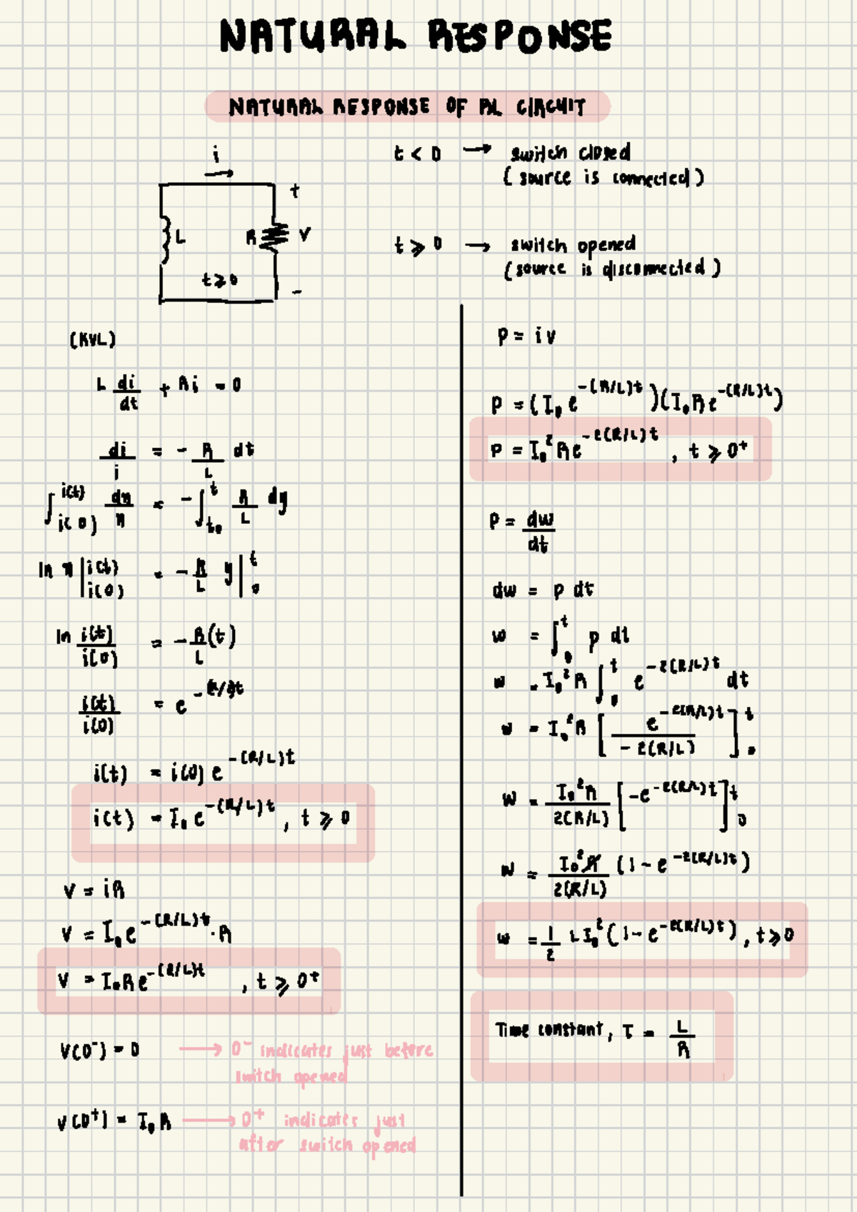 Natural Response of RL Circuit Analysis and Equations - Studocu
