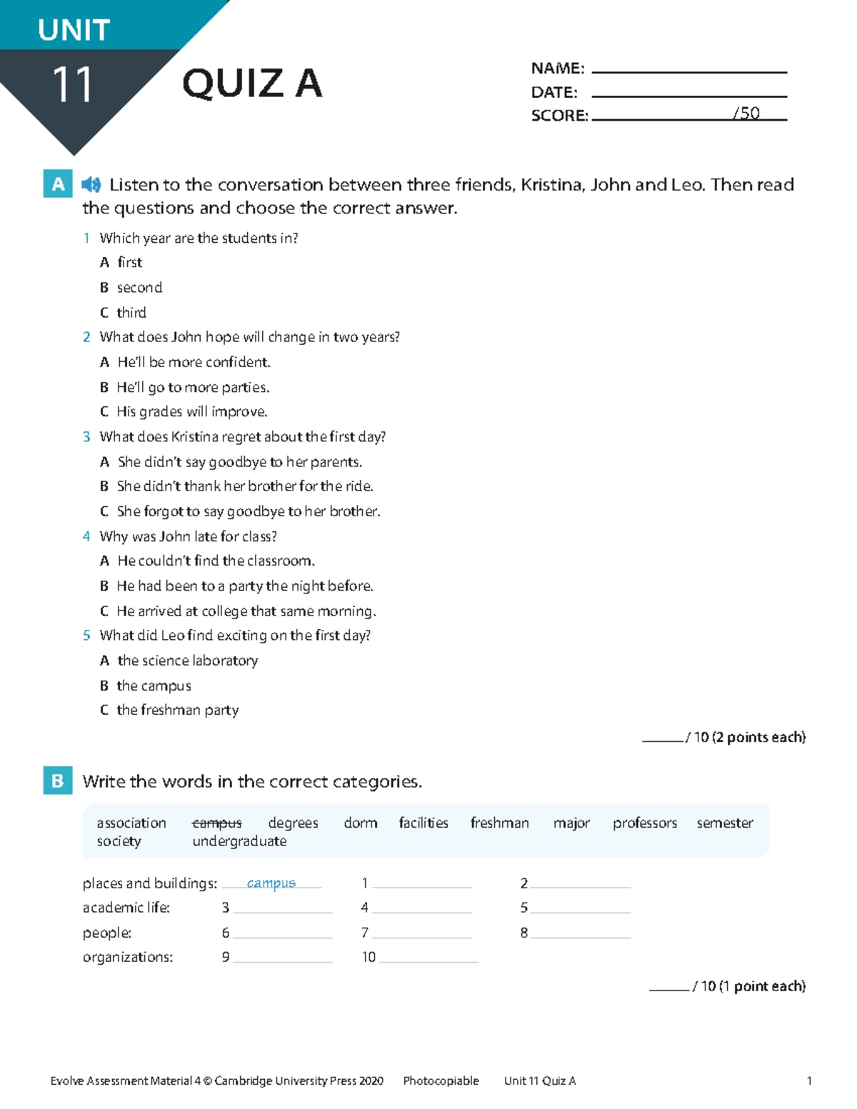 Evolve L3 Unit 1 Quiz A - Assessment Material and Answers - Studocu