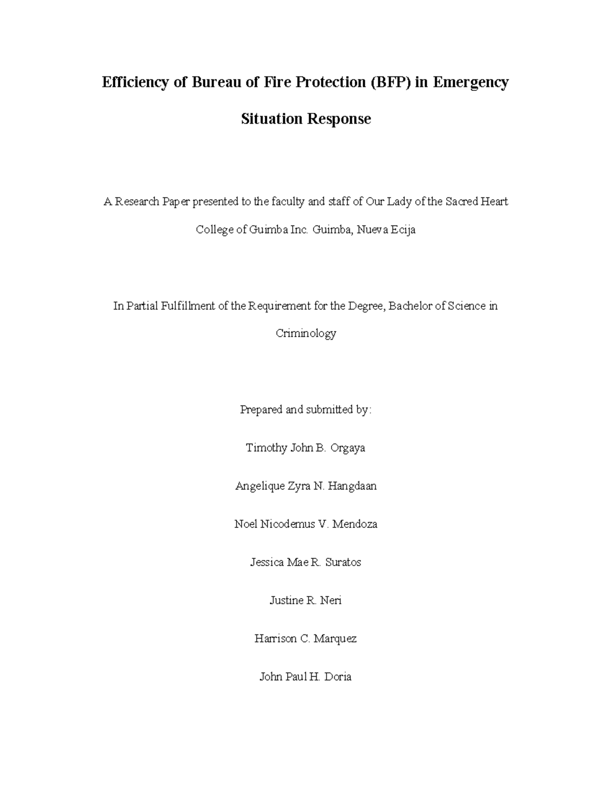 Efficiency of Bureau of Fire Protection (BFP) in Emergency Response ...