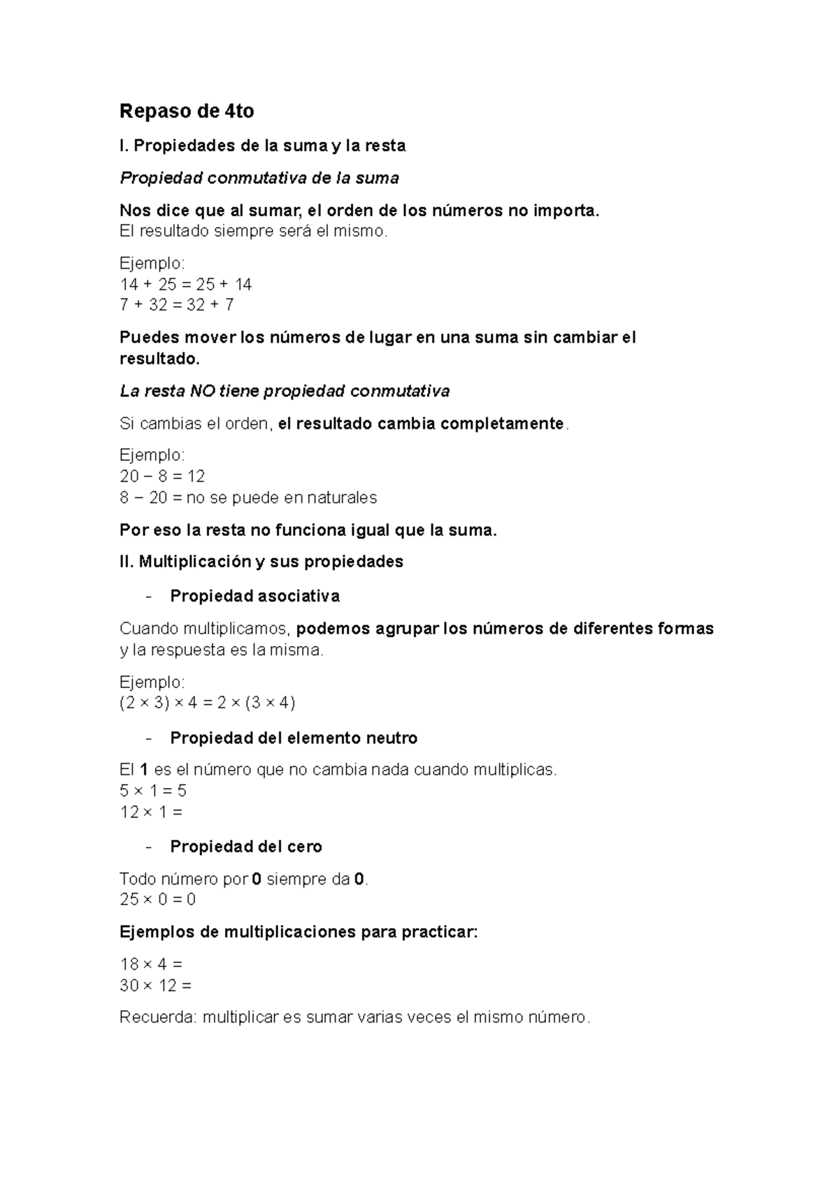 Repaso de 4to: Propiedades de Suma, Resta, Multiplicación y División ...
