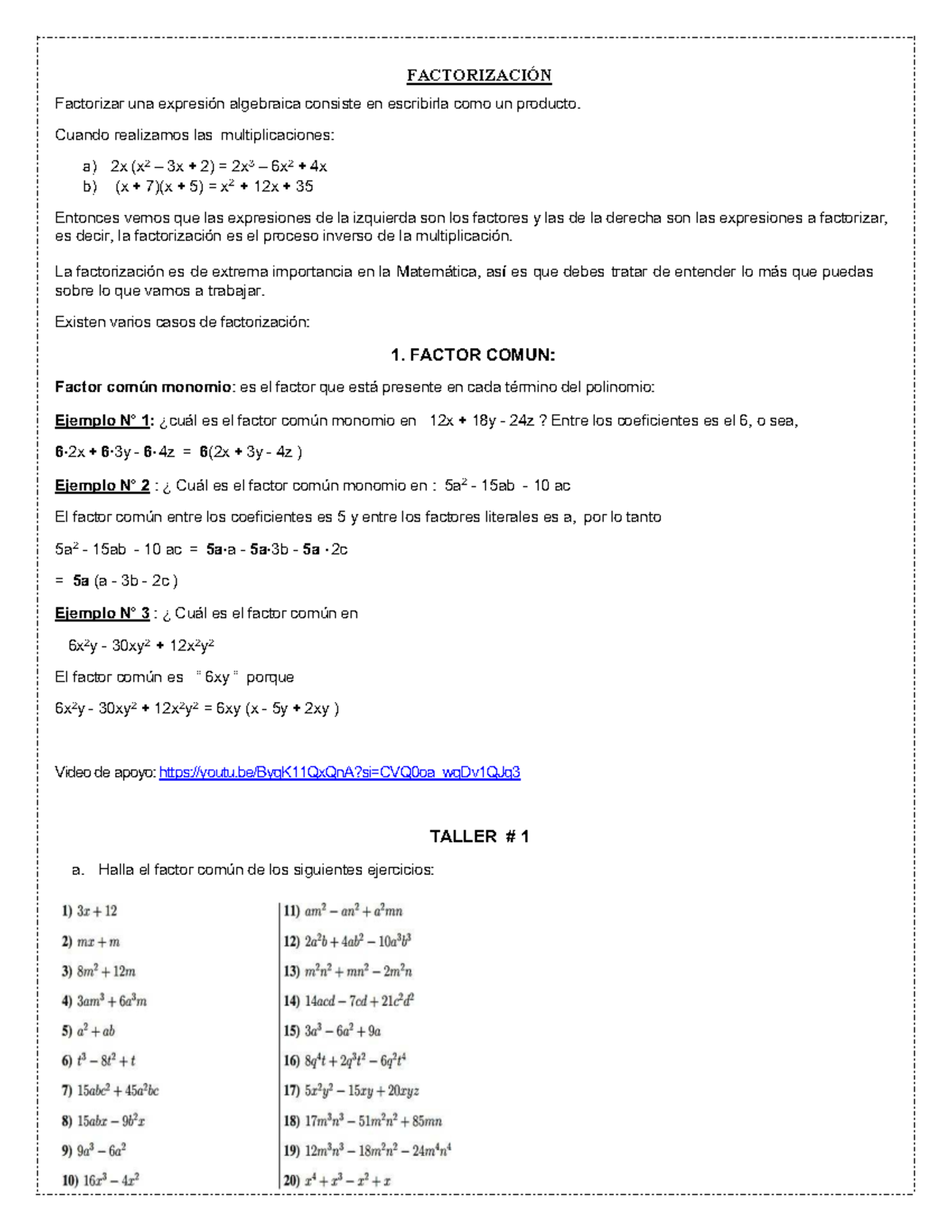 Factorización: Taller 1 sobre Factor Común en Expresiones Algebraicas ...