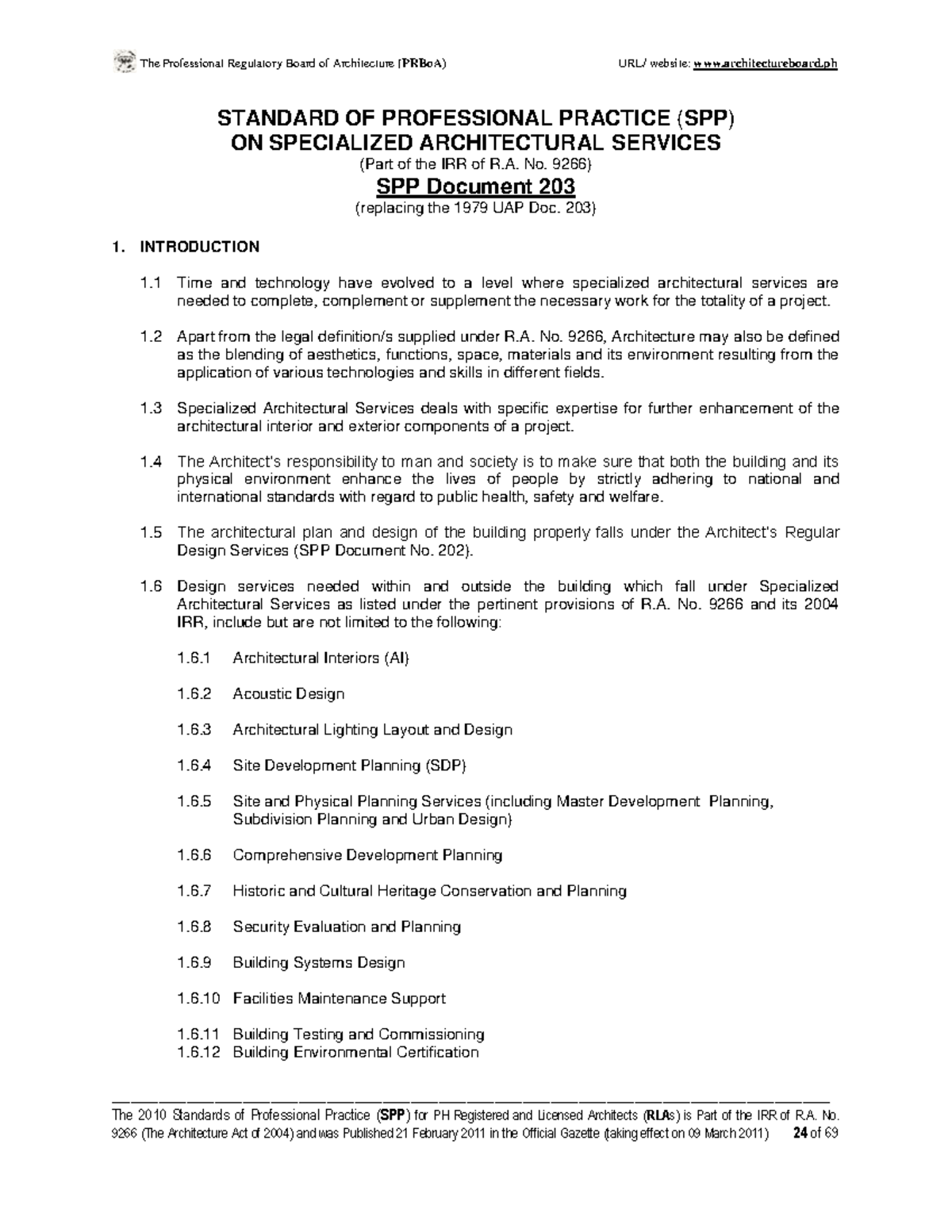 SPP 203 - Specialized Architectural Services: Standards & Guidelines - Studocu