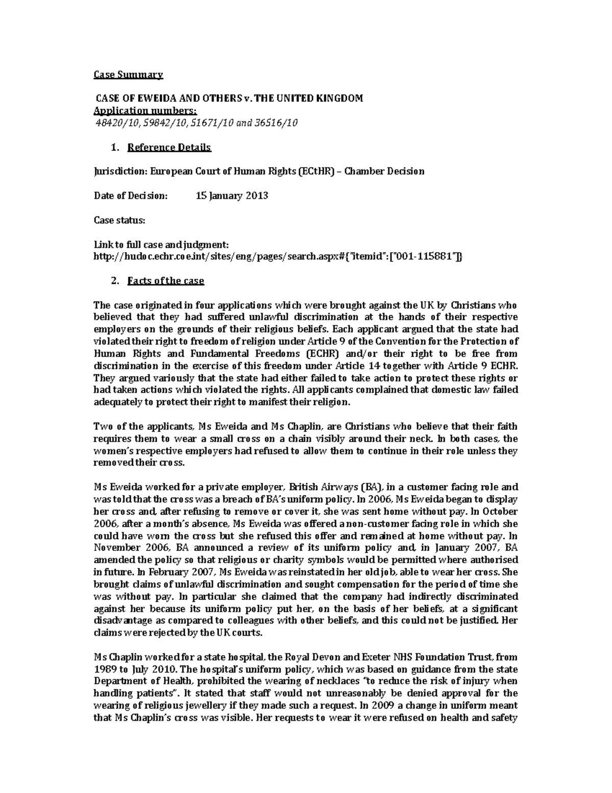 Case Summary: Eweida & Others v. UK - ECtHR Decision Analysis - Studocu
