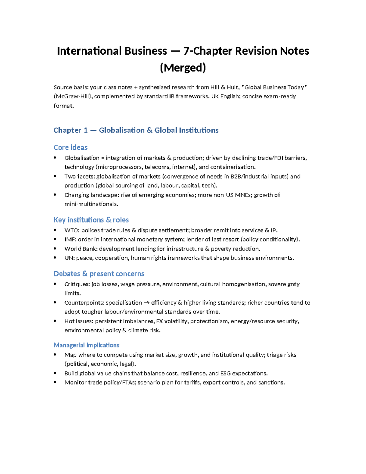 International Business (IB 101) — 7-Chapter Revision Notes Summary ...