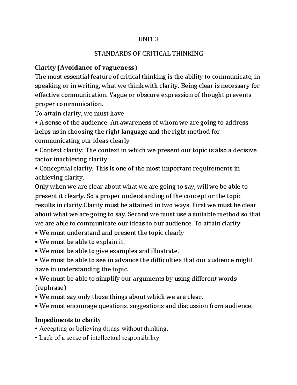 UNIT 3 Standards of Critical Thinking Notes - Clarity, Accuracy ...